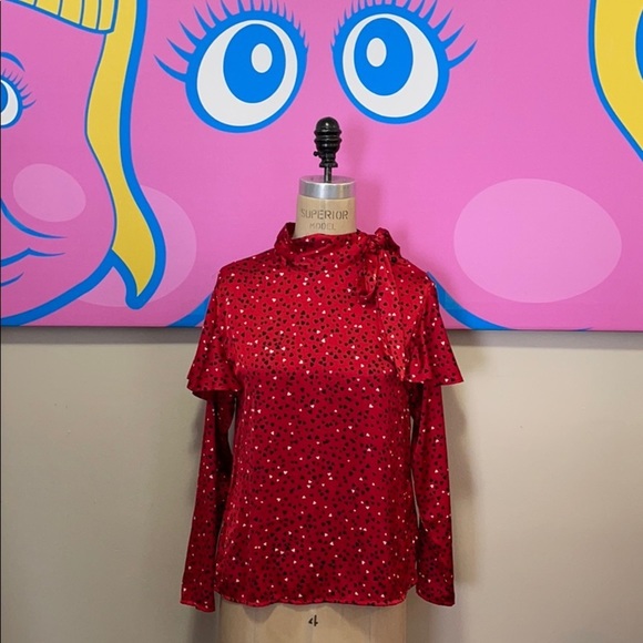 Zara | Tops | Zara Red Satin Bow Neck Blouse Hearts Nwt | Poshmark